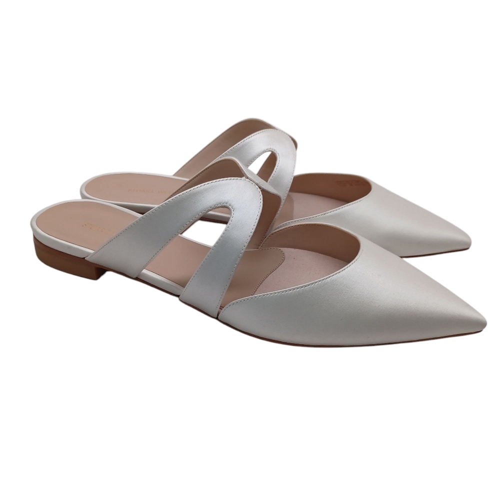 Stuart Weitzman Mariposa White Mules Satin Slip On Fl… - Gem